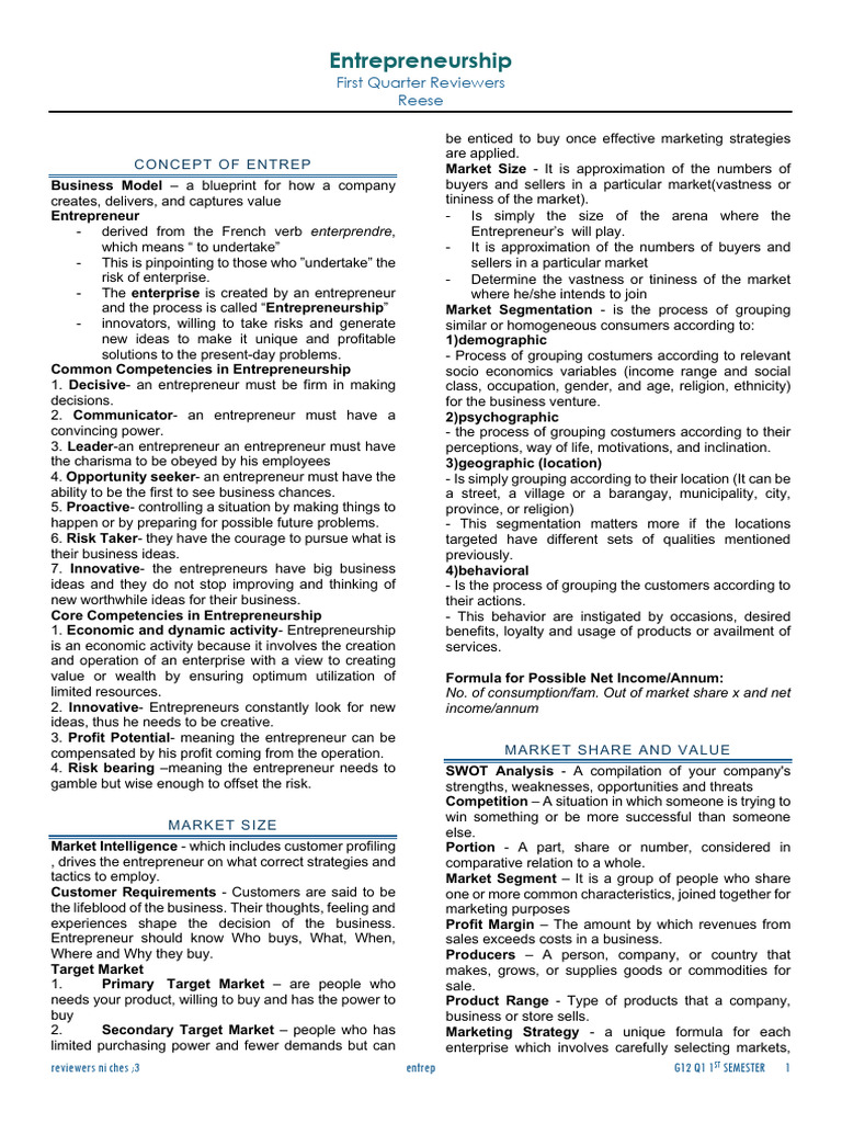 Entrep Reviewer Ni Ches 1st Quarter | PDF | Entrepreneurship | Pricing