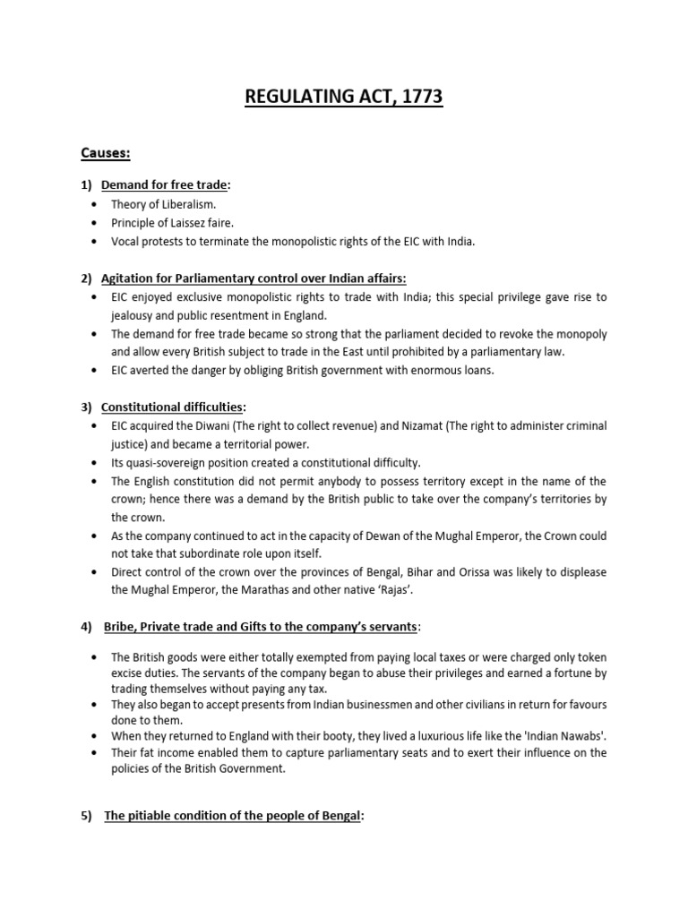 Regulating Act, 1773 | PDF | East India Company | British Raj