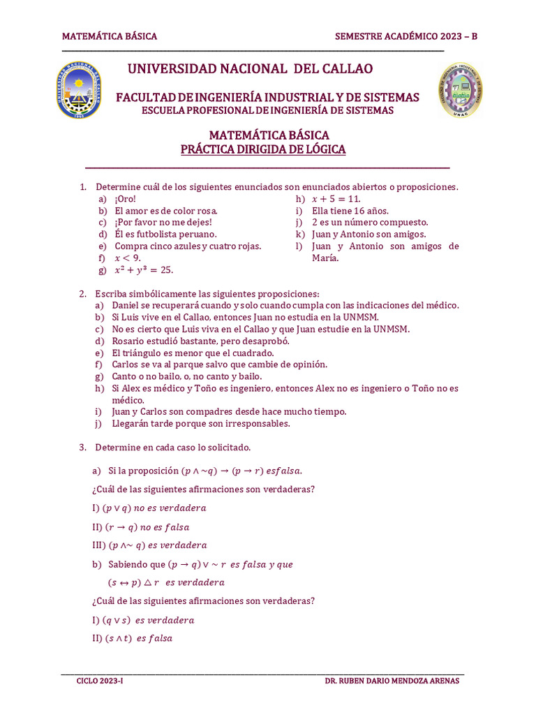 Práctica Dirigida 1. Lógica proposicional-MB-FIIS | PDF