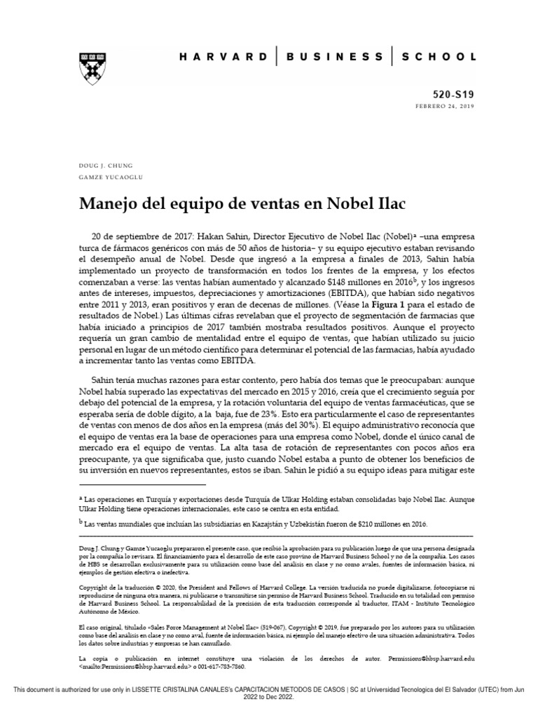 CASO de LECTURA Manejo Del Equipo de Ventas en Nobel Ilac | PDF
