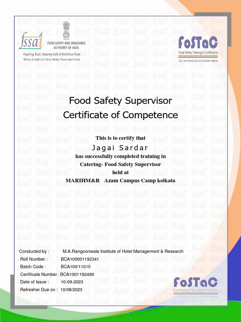 Food Safety Supervisor Certificate of Co 1 | PDF