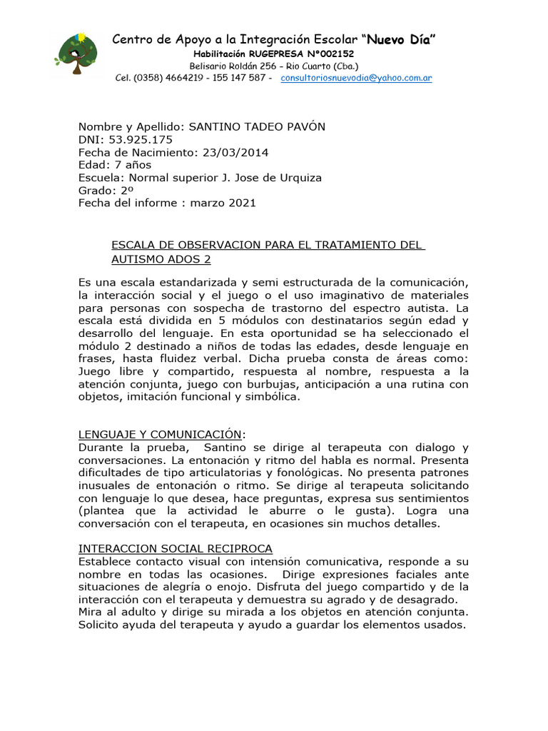 Informe ADOS-2: Evaluación de Santino | PDF | Espectro autista ...