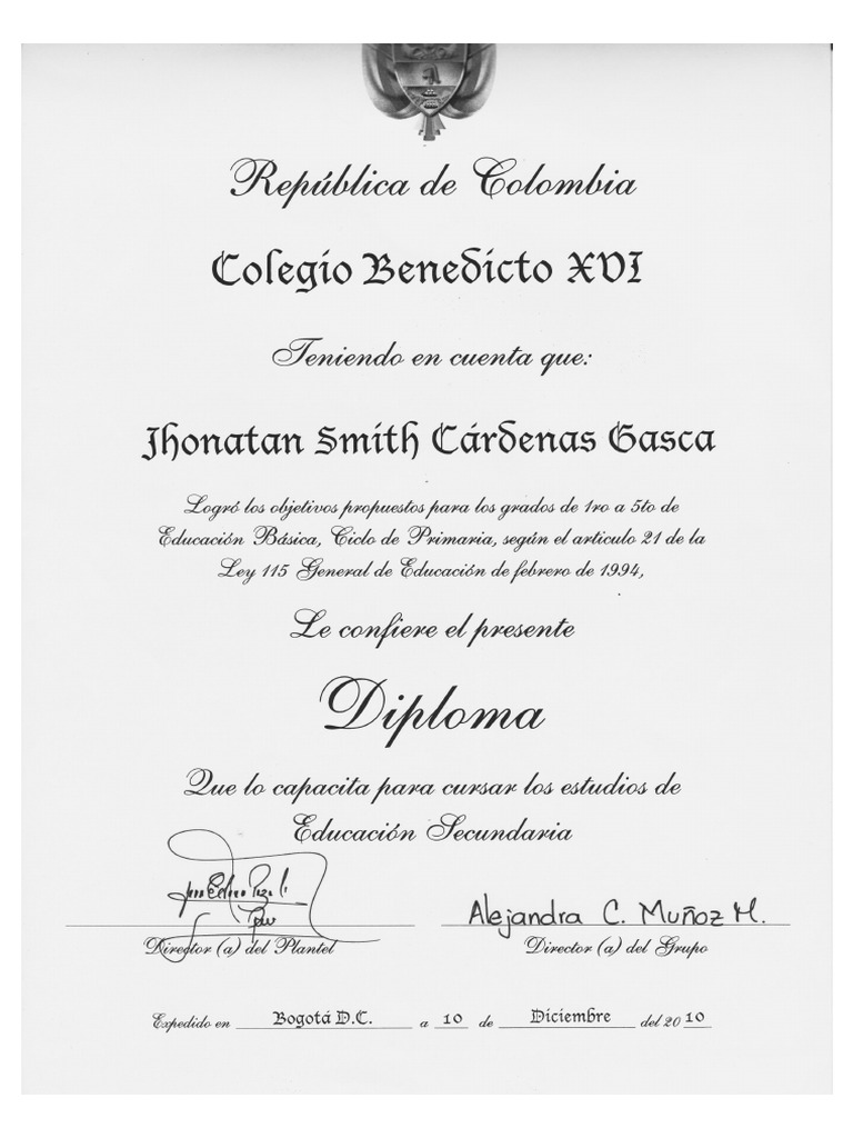 Diploma Colegio Benedicto XVI | PDF