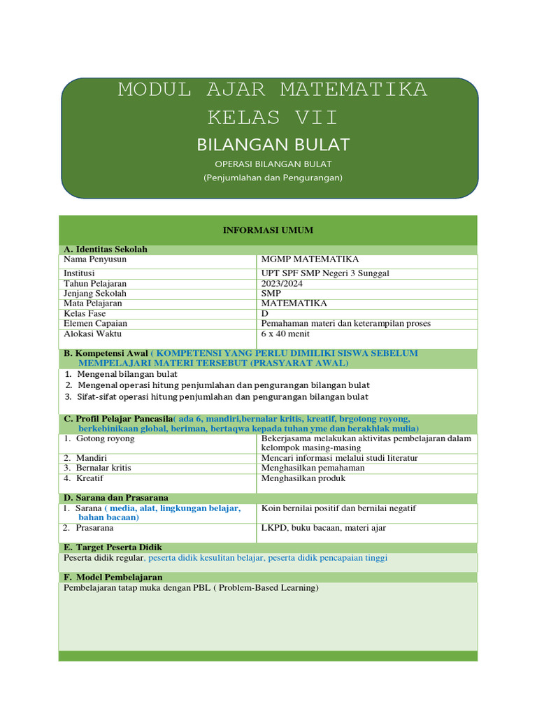 Modul Ajar Matematika Bilangan Bulat | PDF | Karier & Perkembangan | Komputer