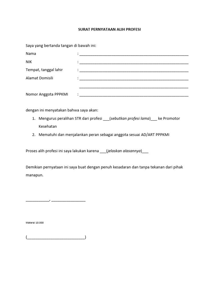 Template Surat Pernyataan Alih Profesi 2023 | PDF