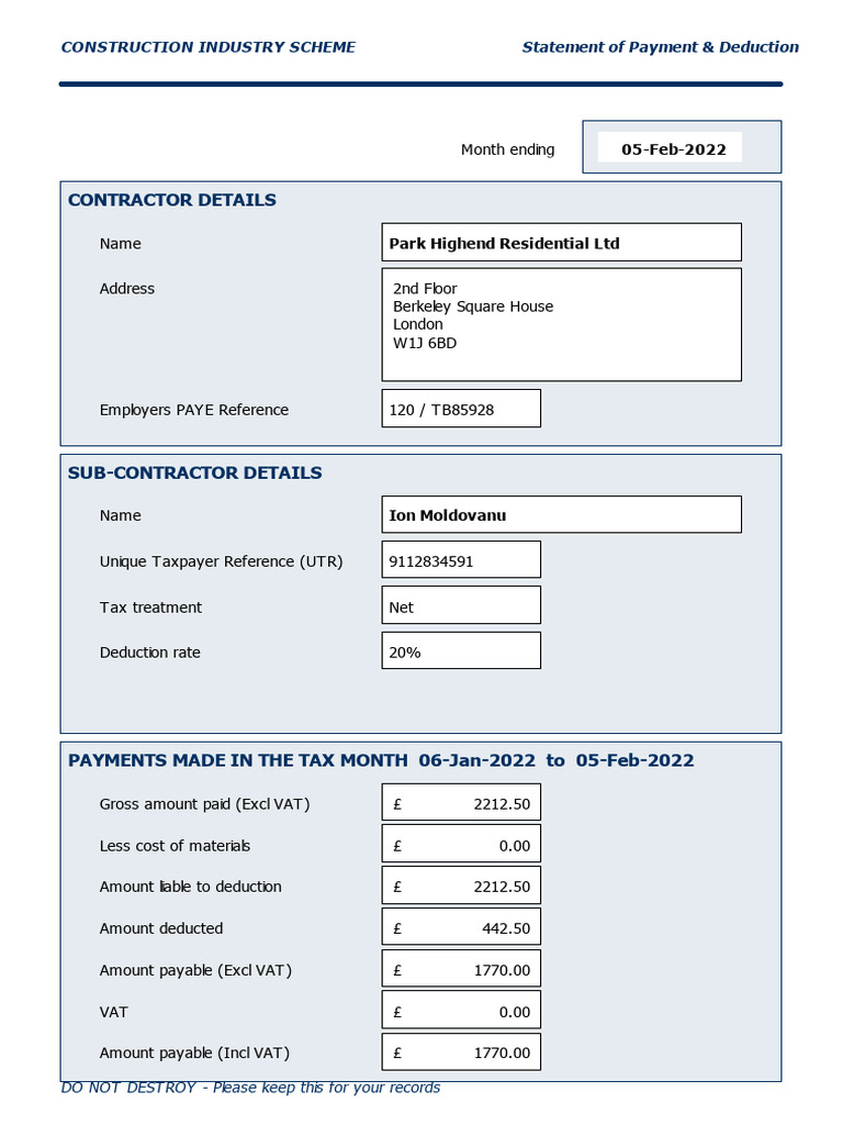 10 Park Highend Residential LTD - Subcontractor Monthly Payment ...