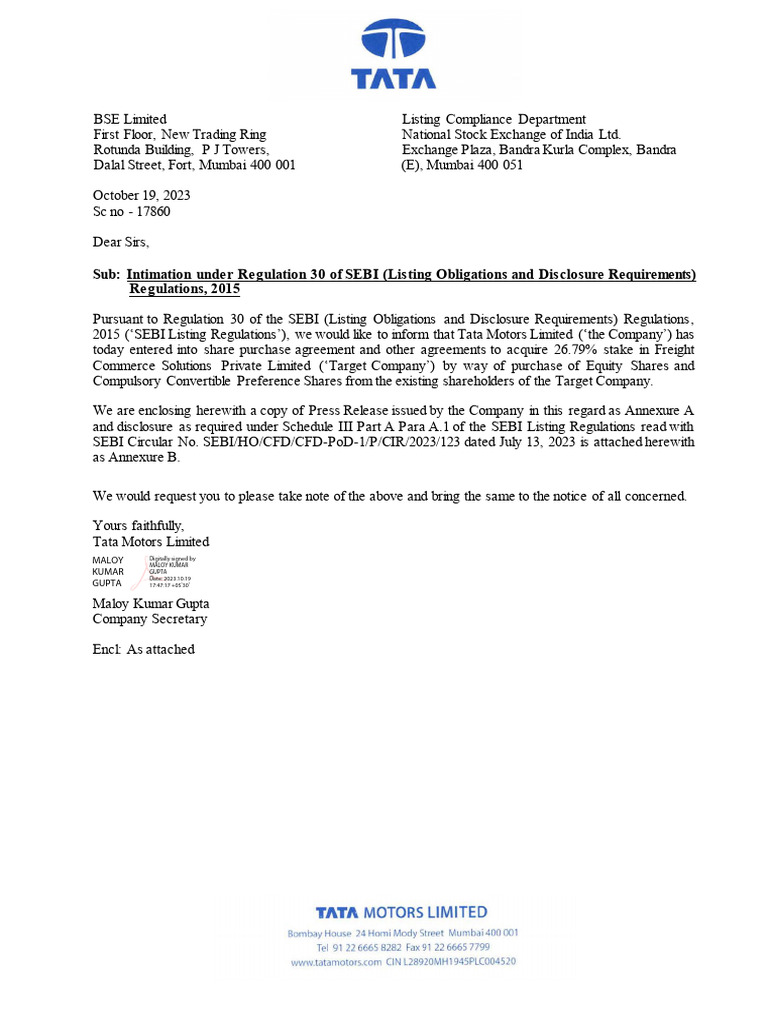 Sub: Intimation Under Regulation 30 of SEBI (Listing Obligations and ...