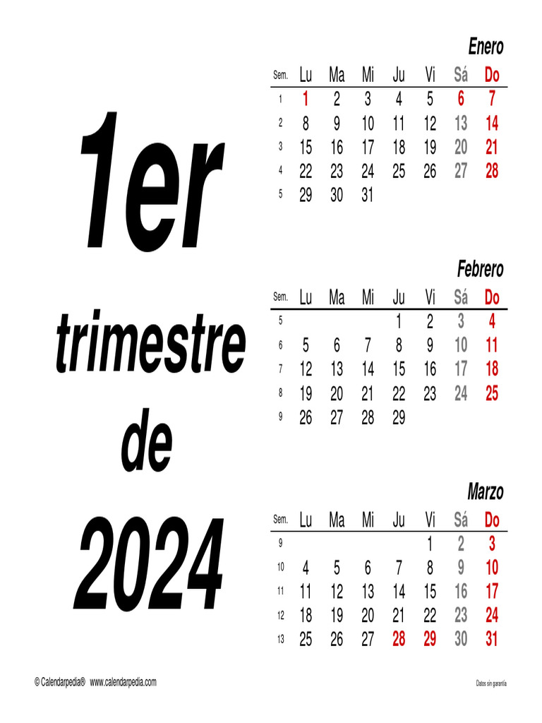 Calendario Trimestral 2024 Horizontal Meses en Vertical | PDF
