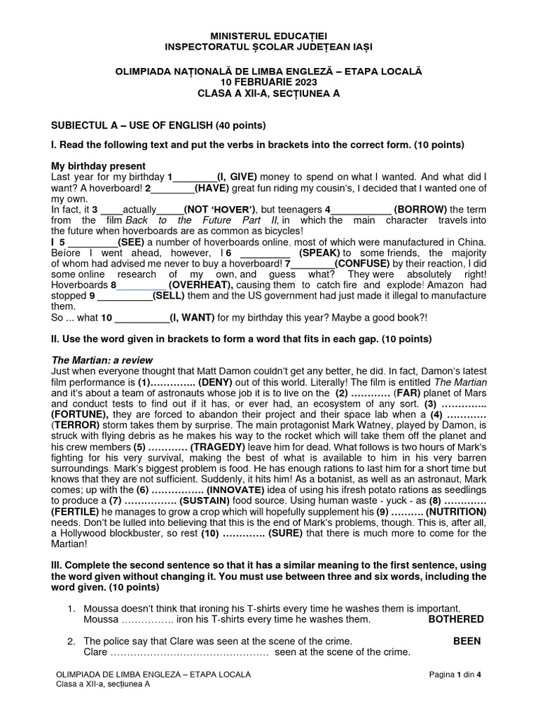 09 Olen 2023 Subiect Xii Sectiunea A | PDF | The Martian (Film)