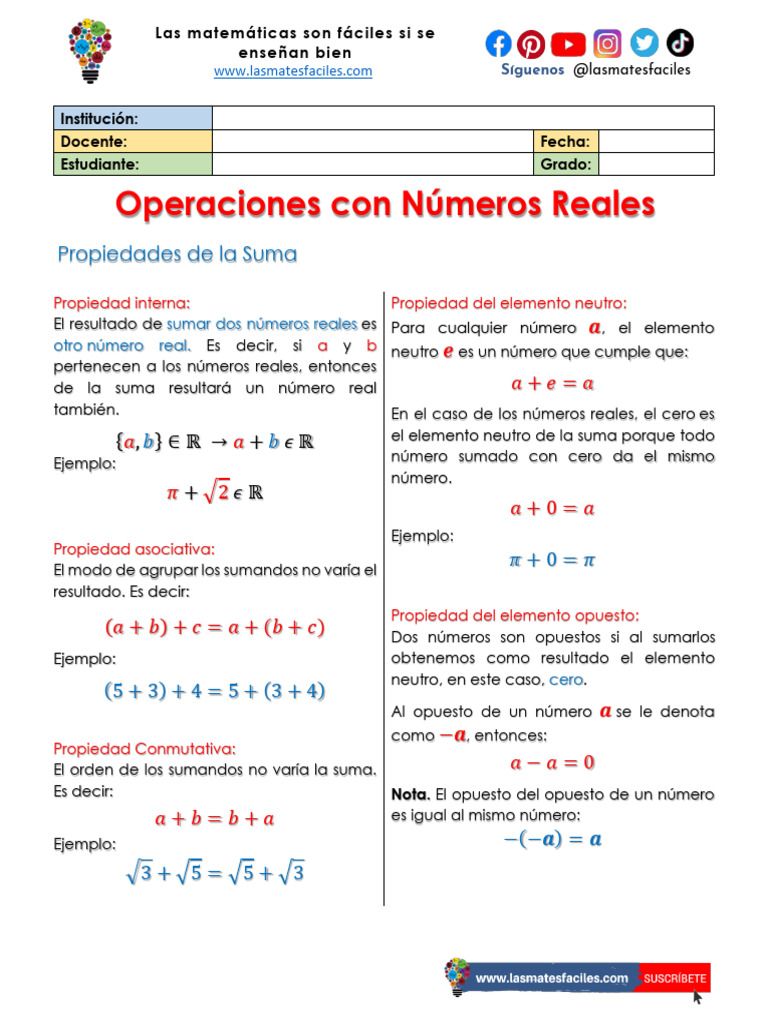 Guia de Aprendizaje de Operaciones Con Numeros Reales | PDF ...