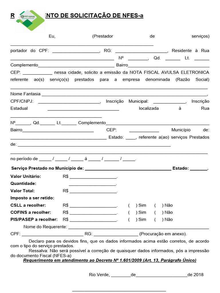 Modelo Requerimento de Solicitacao de Nota Fiscal Avulsa | PDF | Recibo ...
