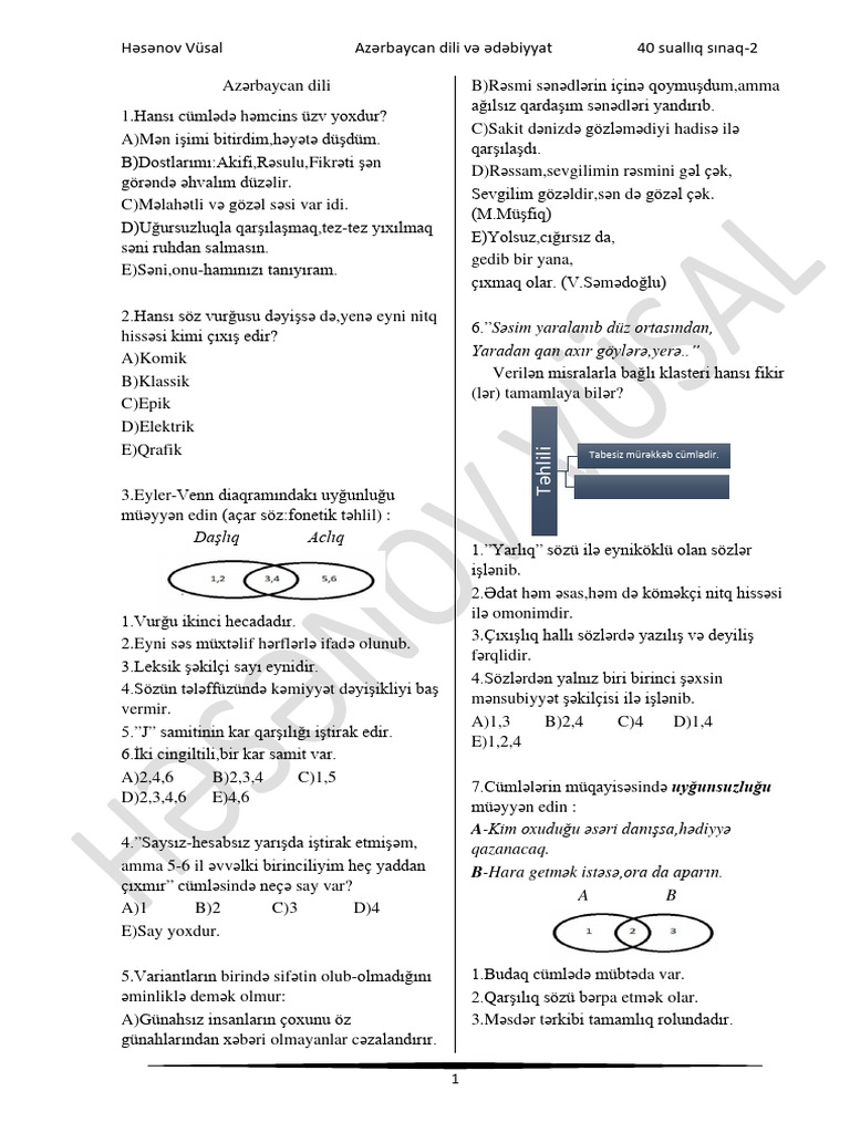 Azərbaycan Dili, Ədəbiyyat Sınaq 40 Sual | PDF