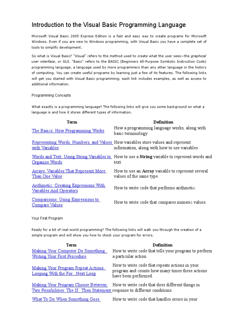 Introduction To The Visual Basic Programming Language Pdf