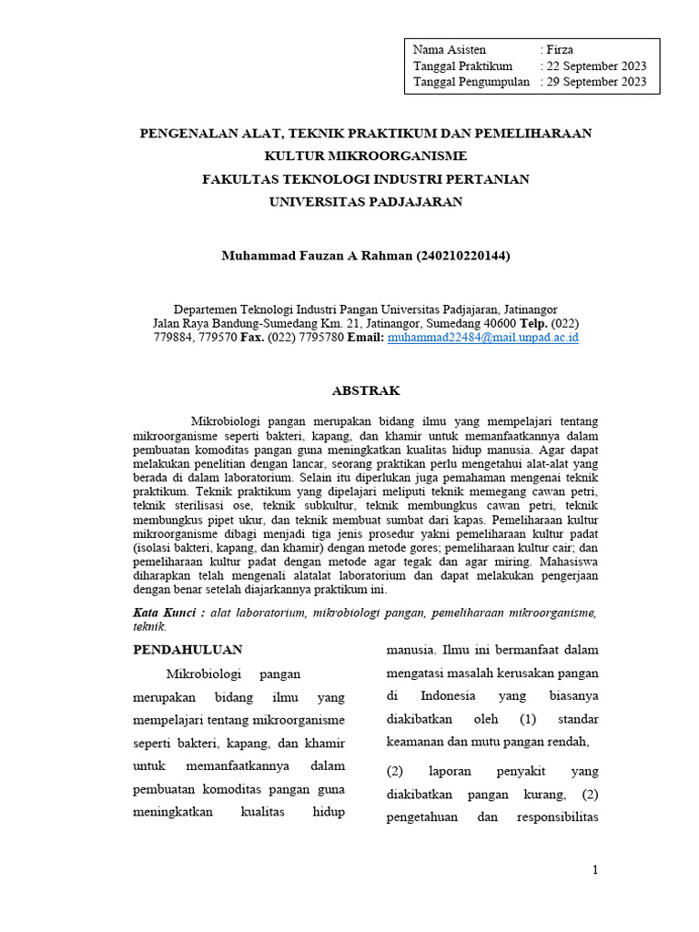Laprak Pengenalan Alat, Teknik Praktikum, Dan Pemeliharaan Kultur Mikroorganisme | PDF