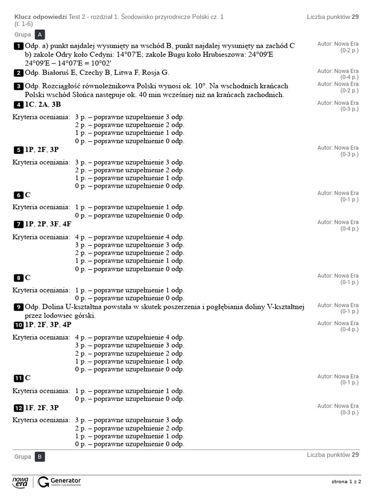 Test 2 - Rozdział 1. Środowisko Przyrodnicze Polski Cz. 1 (T. 1-6 ...
