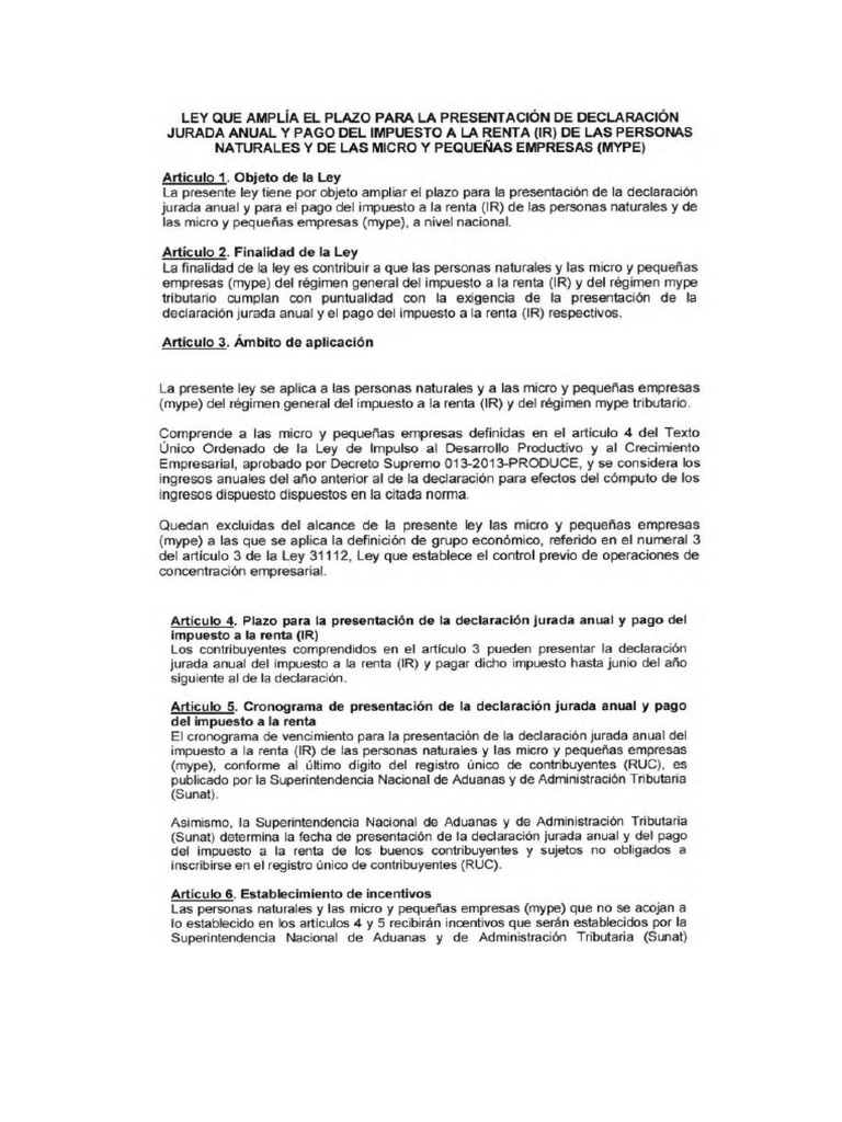 Ley Que Amplía El Plazo Hasta Junio Para La Presentación De Declaración