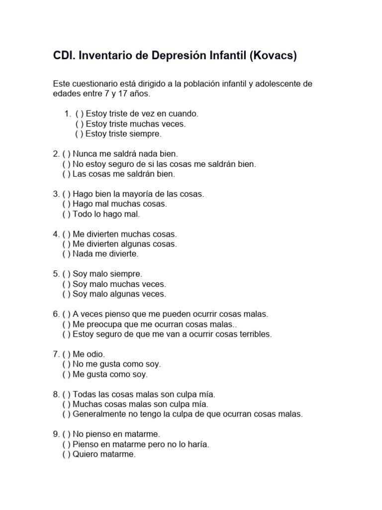 CDI. Inventario de Depresión Infantil (Kovacs) | PDF