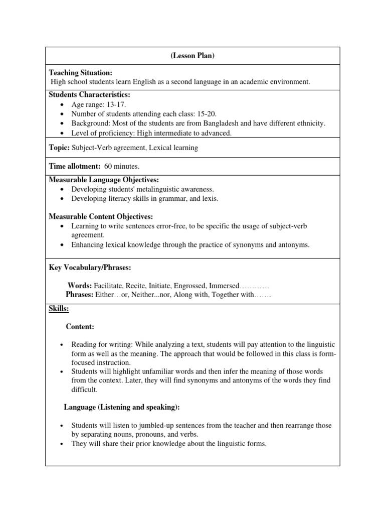 Subject-Verb Agreement Lesson Plan | PDF | Word | Linguistics