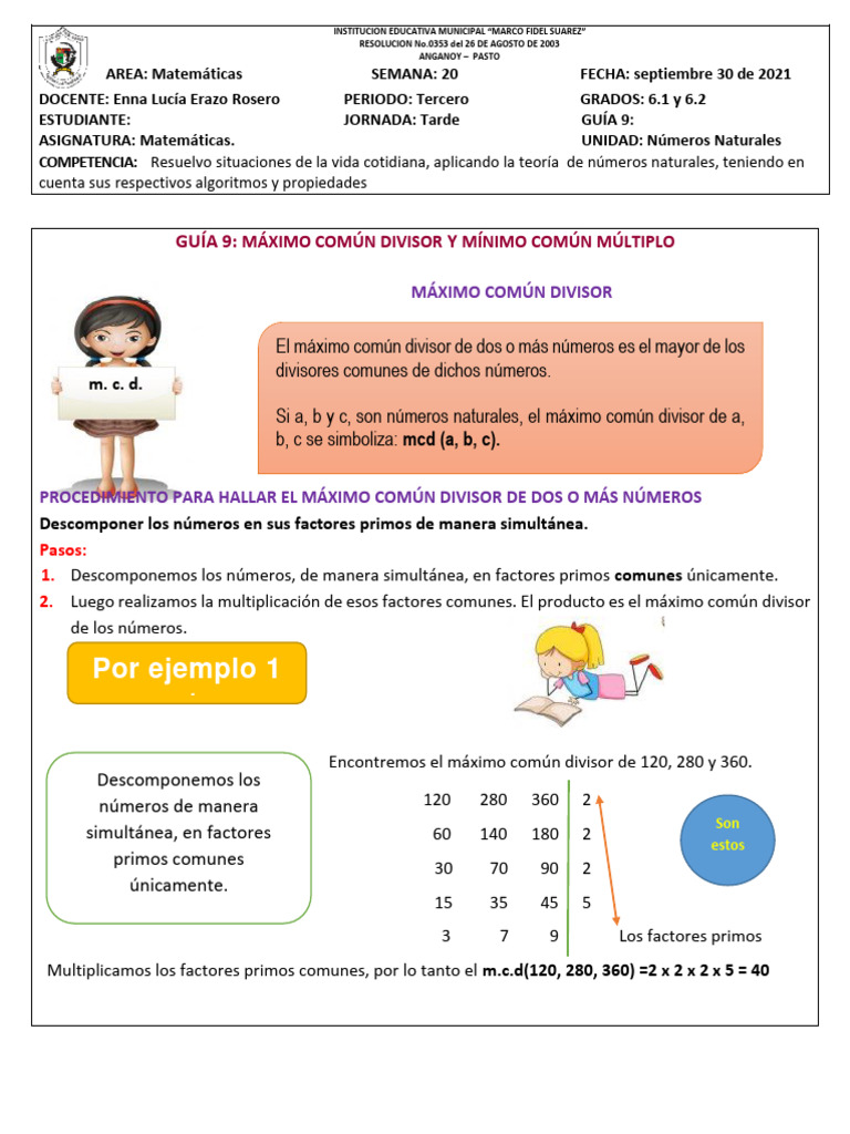 Guia 9 Maximo Comun Divisor Y Minimo Comun Multiplo 6° Matematicas Enna Erazo Pdf