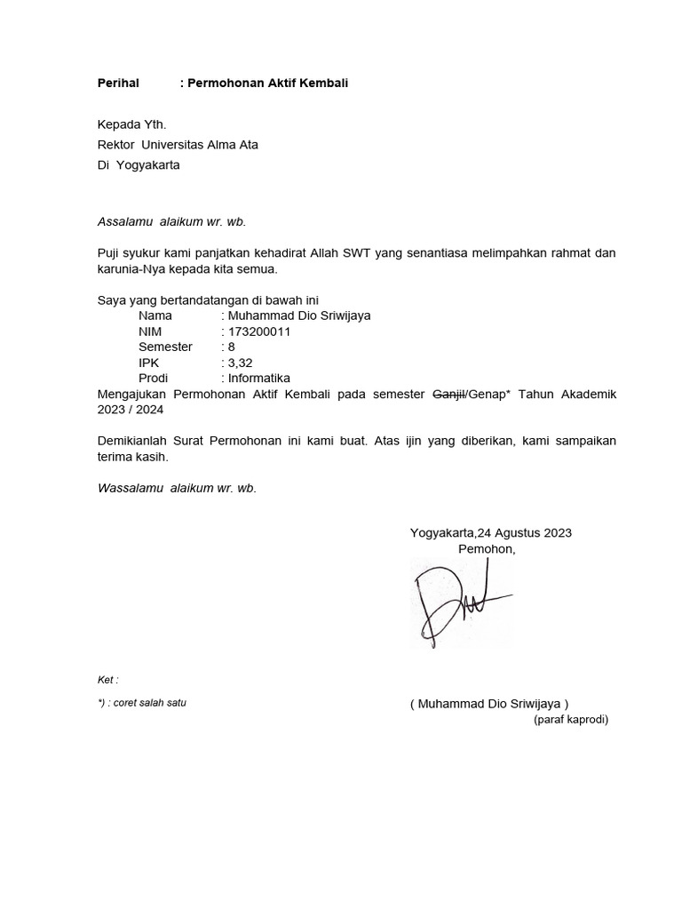 Form Surat Permohonan Aktif Kembali UAA | PDF