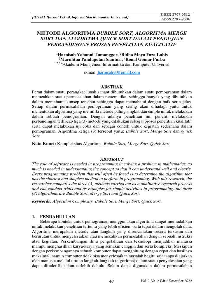Metode Algoritma Bubble Sort Algoritma Merge Sort Dan Algoritma Quick Sort Da Pdf