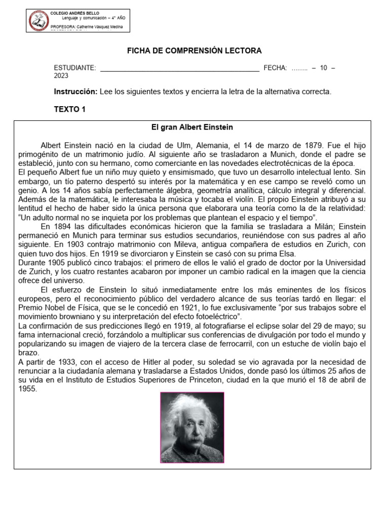 FICHA DE COMPRENSIÓN LECTORA3 | PDF | Albert Einstein