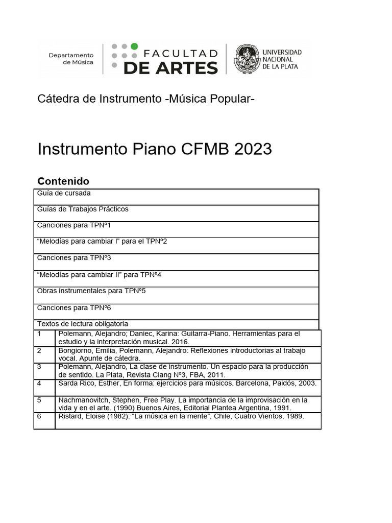 Piano CFMB - Cuadernillo 2023 | PDF | Canciones | Acorde (Música)