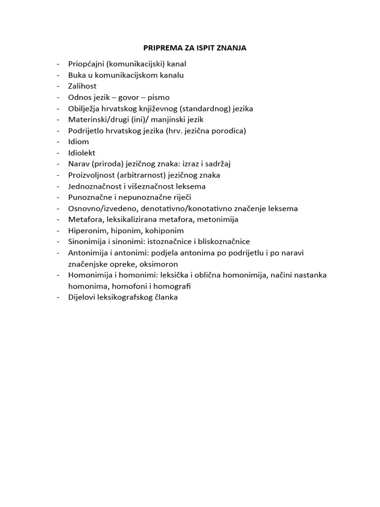 Priprema Za 1. Ispit Znanja Iz Jezika | PDF