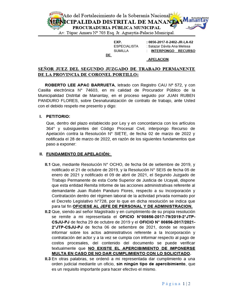 Apelacion de Auto - Exp.0856-2017 - Juan Ruben Panduro Flores - Multa ...