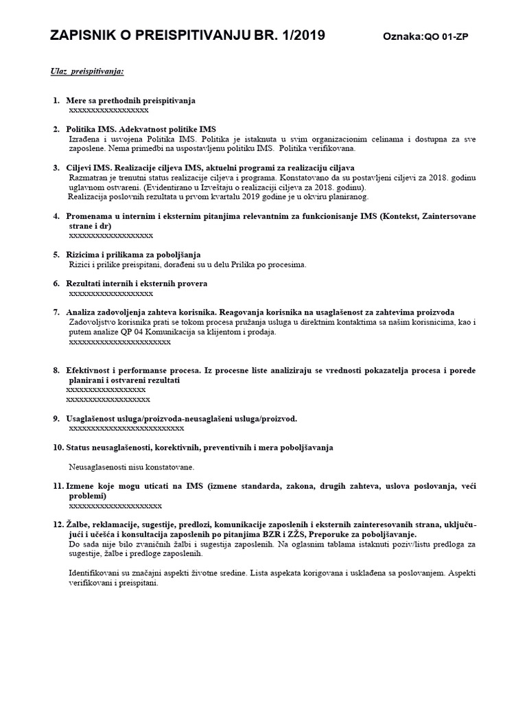 QO 01-ZP Zapisnik o Preispitivanju 2023 | PDF