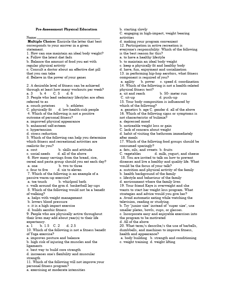 Pre Trest SQ P.E 10 | PDF | Physical Fitness | Weight Training Pre Trest SQ P.E 10 | PDF | Physical Fitness | Weight Training
