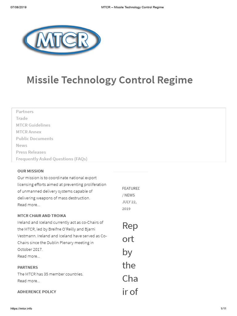 MTCR - Missile Technology Control Regime | PDF | Projectile Weapons ...