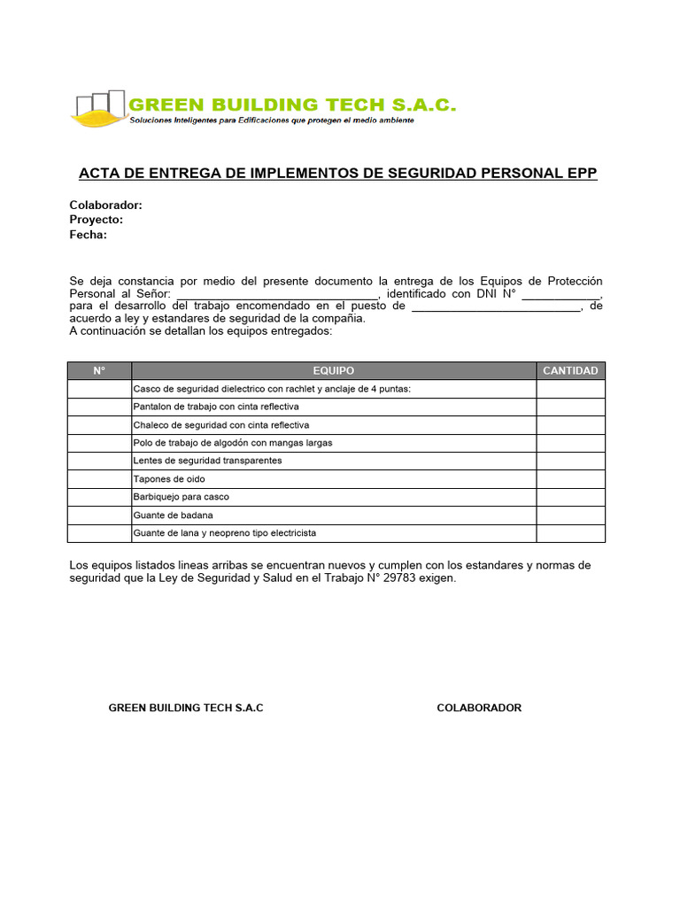 Acta de Entrega Epp | PDF