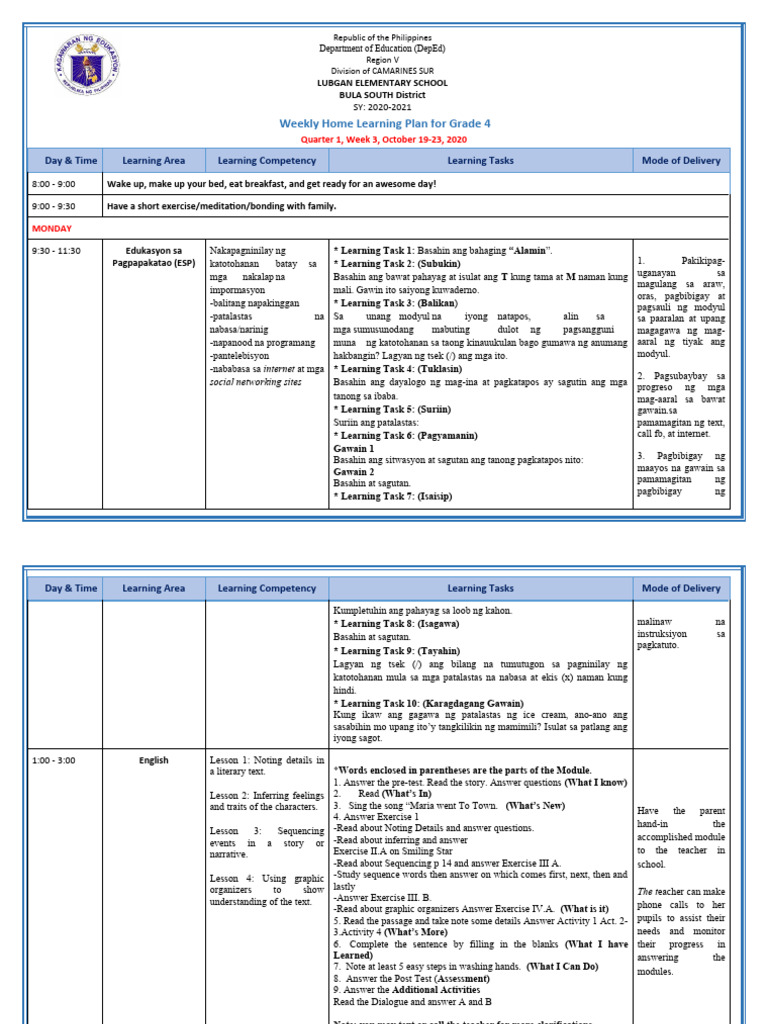 Grade 4 - All Subjects - WHLP - Q1 - W3 | PDF