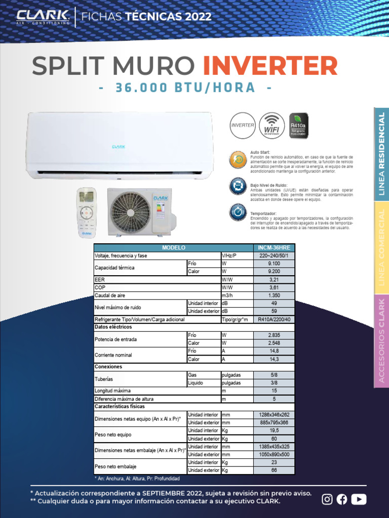 Ficha Tecnica Muro Inverter 36000 Clark | Descargar gratis PDF ...