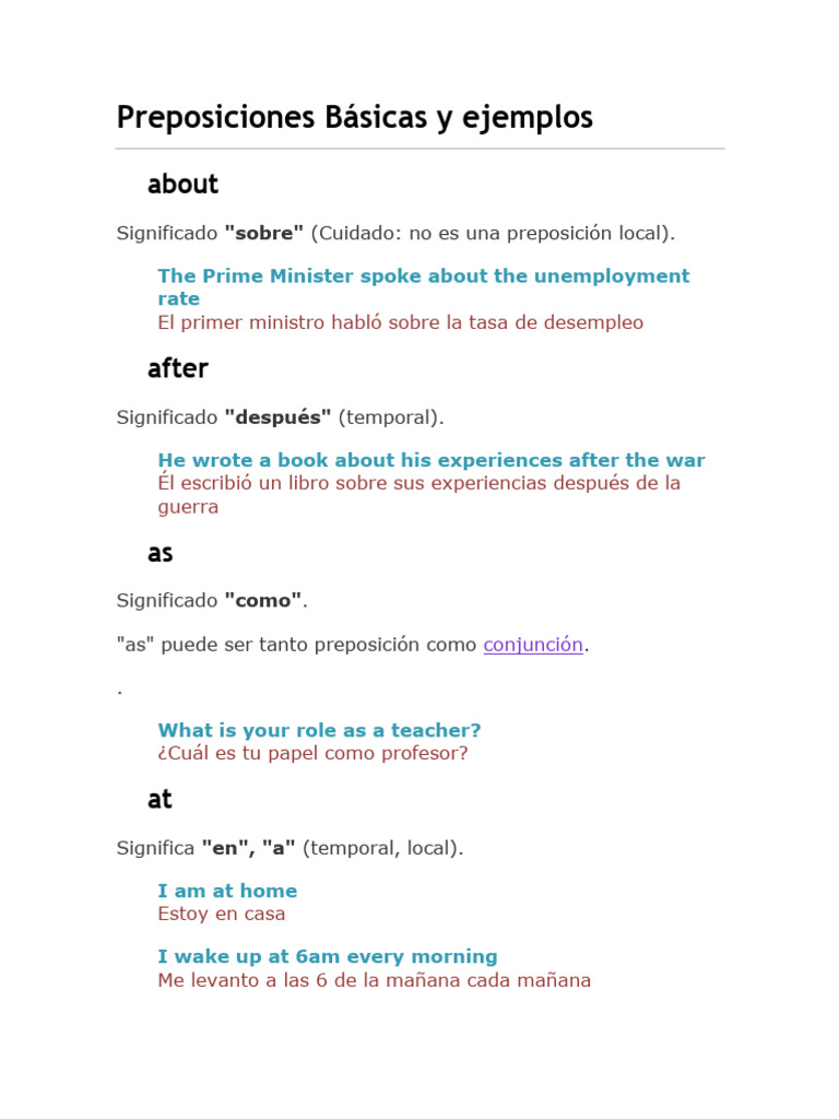 Preposiciones Básicas y ejemplos | PDF
