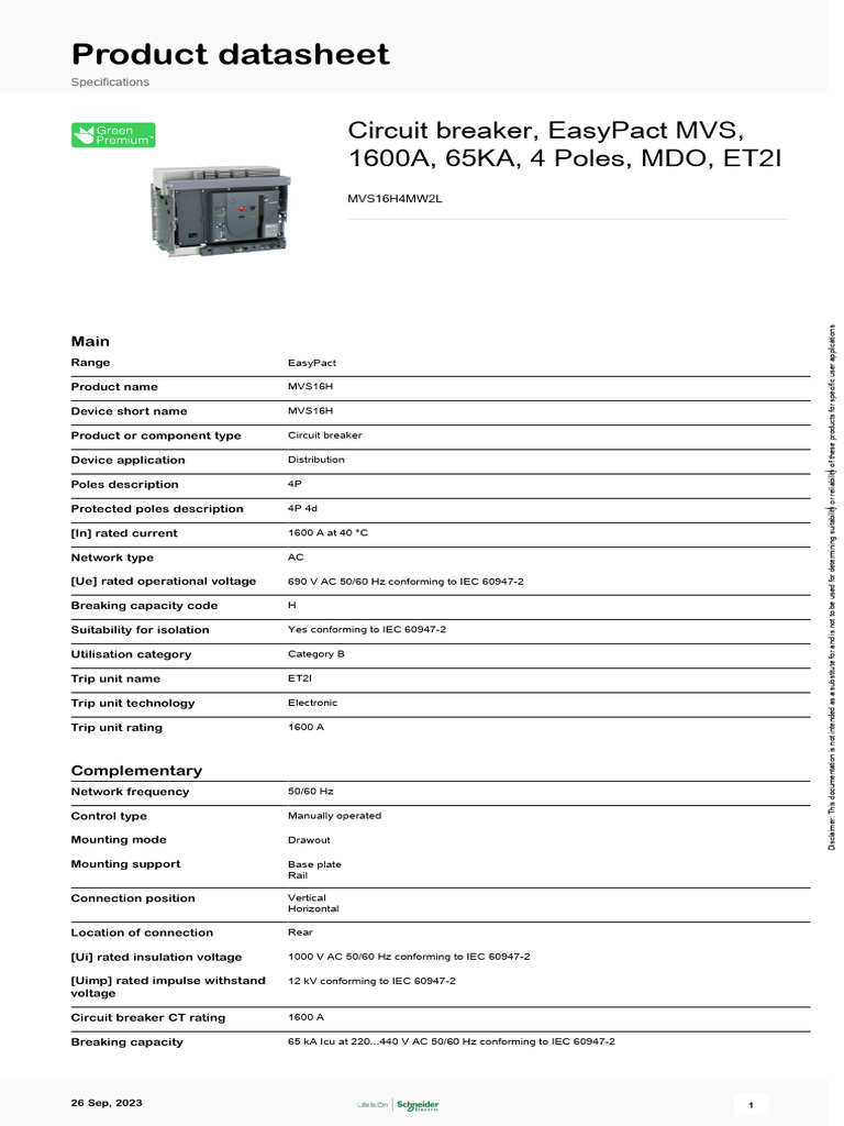 EasyPact MVS 1600A Circuit Breaker Datasheet | PDF