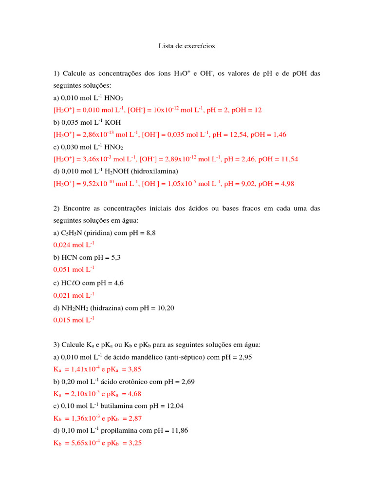 Lista de Exercícios 1 | PDF | Ph | Ácido