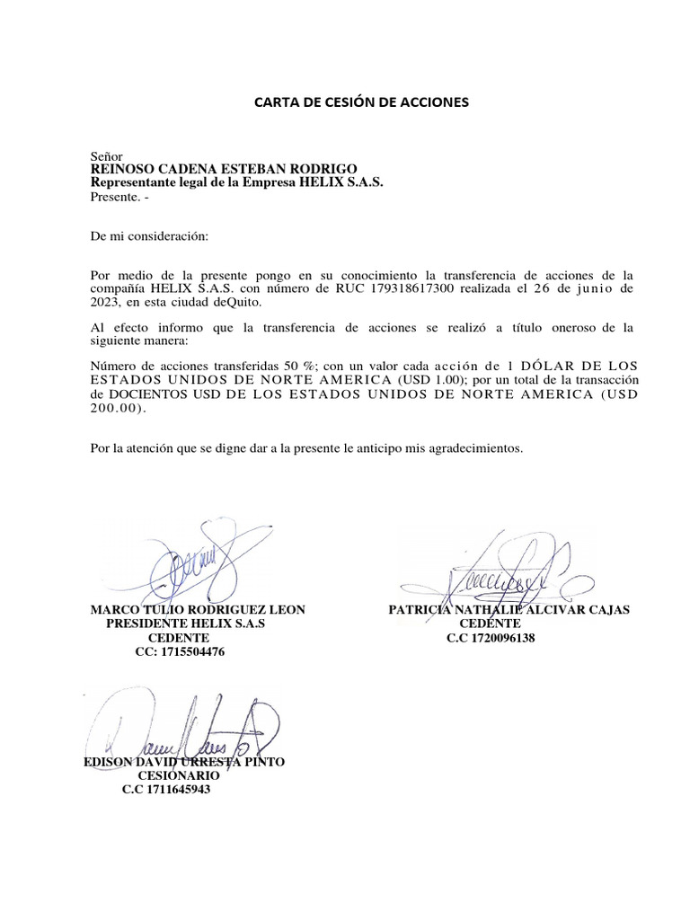 Carta de Cesion de Acciones | PDF Carta de Cesion de Acciones | PDF