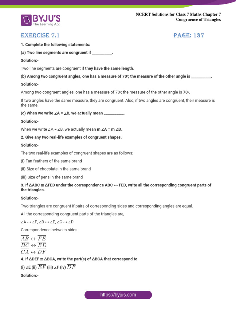 NCERT Solutions For Class 7 Maths Chapter 7 Congruence of Triangles | PDF | Triangle | Euclidean ...