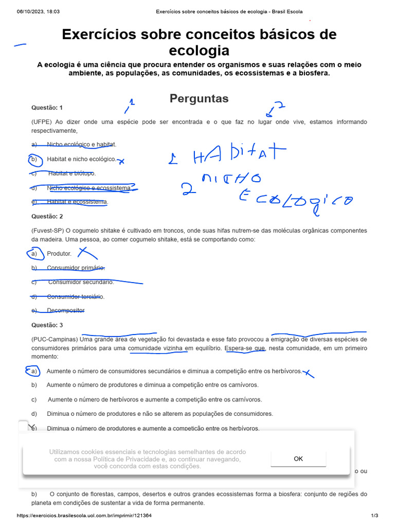 Exercícios Sobre Conceitos Básicos de Ecologia - Brasil Escola | PDF | Ecossistema | Ecologia