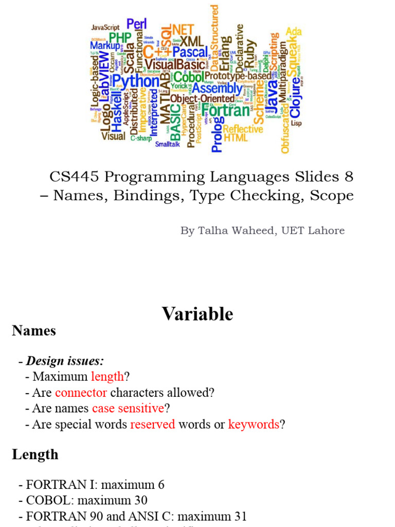 Slides 08 Programming Languages - UET CS - Talha Waheed - Names Bindings Type Checking and Scope ...