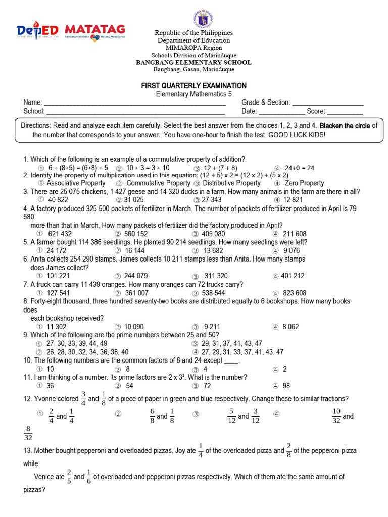 PT - Math 5 - Q1 | PDF | Subtraction | Multiplication