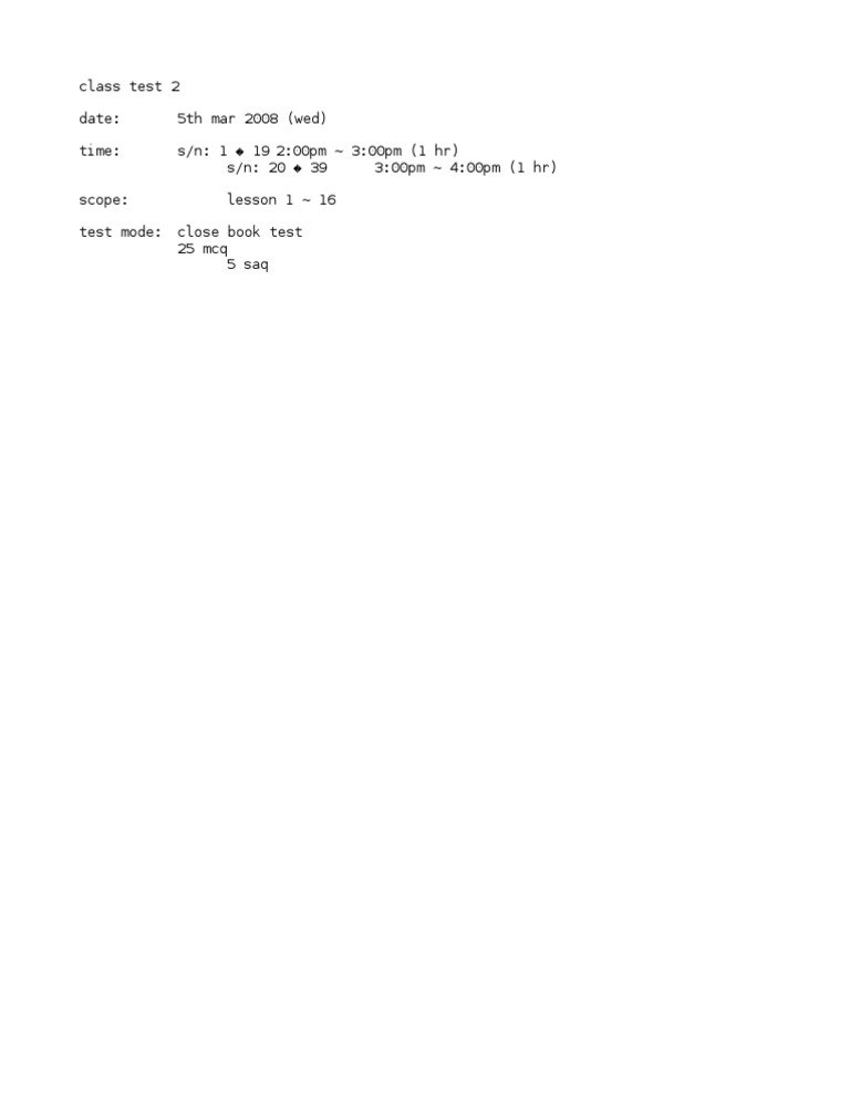 Class Test Schedule and Format | PDF