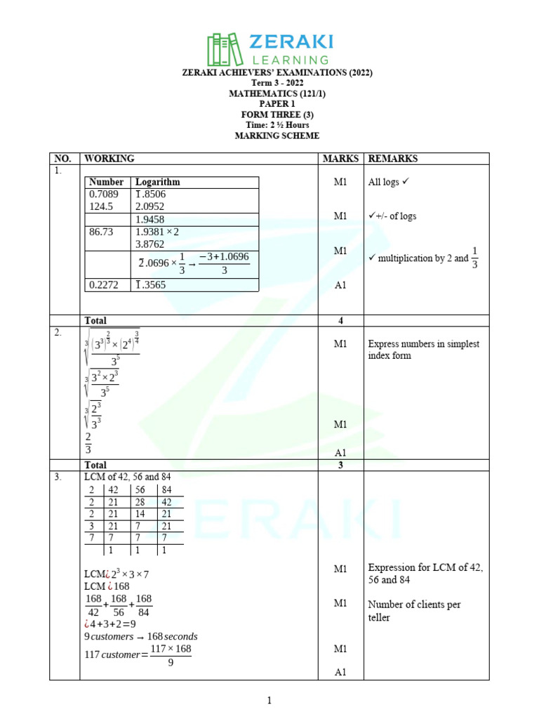 Mathematics Mathematics Form 3 Paper 1 Marking Scheme 1 | PDF | Abstract Algebra | Number Theory