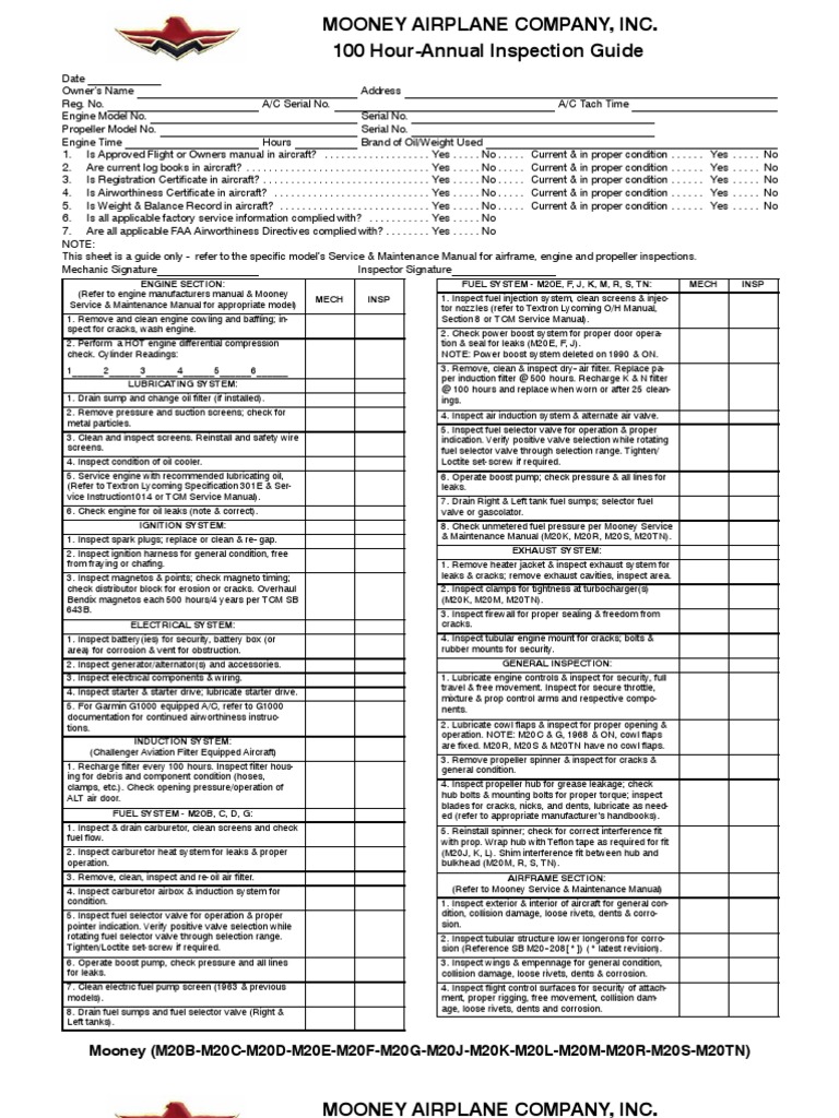 Mooney M20 100 Hour Inspection Guide | PDF | Manufactured Goods ...