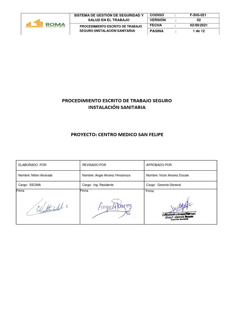 3 - Procedimiento Escrito de Trabajo Seguro (Instalaciones Sanitarias) . | PDF