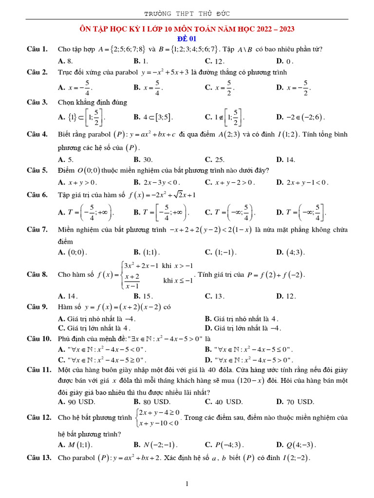 De On Toan 10 hk1 22 23 - 28112022145850 | PDF
