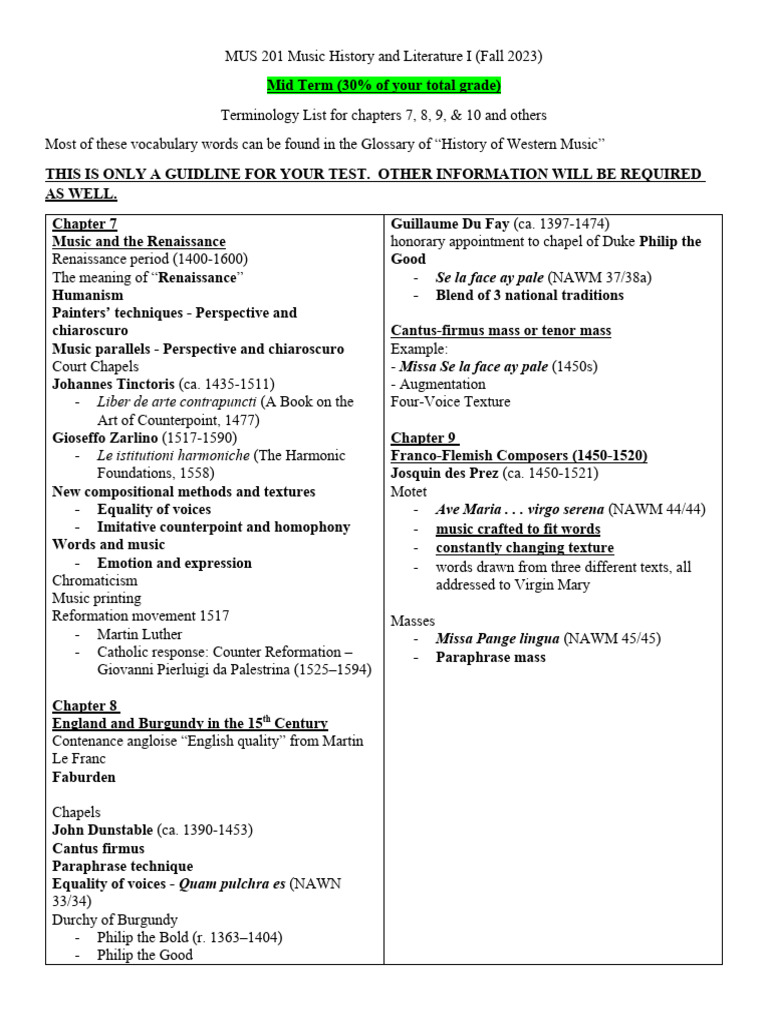 MUS 201 Mid-Term (Ch. 7, 8, 9, 10 and Others) Study Guide Fall 2023 ...