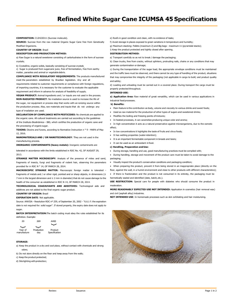 ICUMSA 45 White Sugar Specifications | PDF | Sucrose | Sugarcane